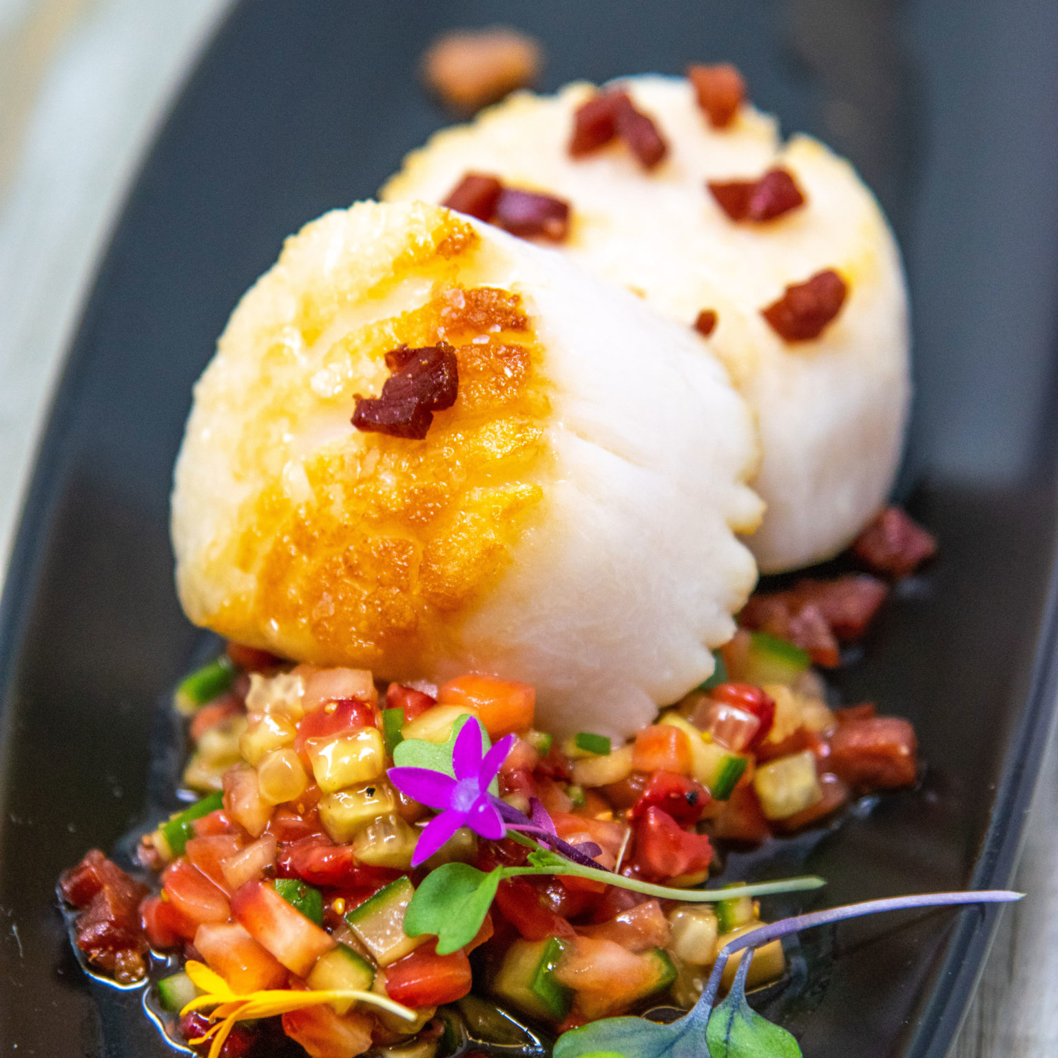 Seared Scallops with Spicy Black Garlic Shoyu Strawberry - California ...